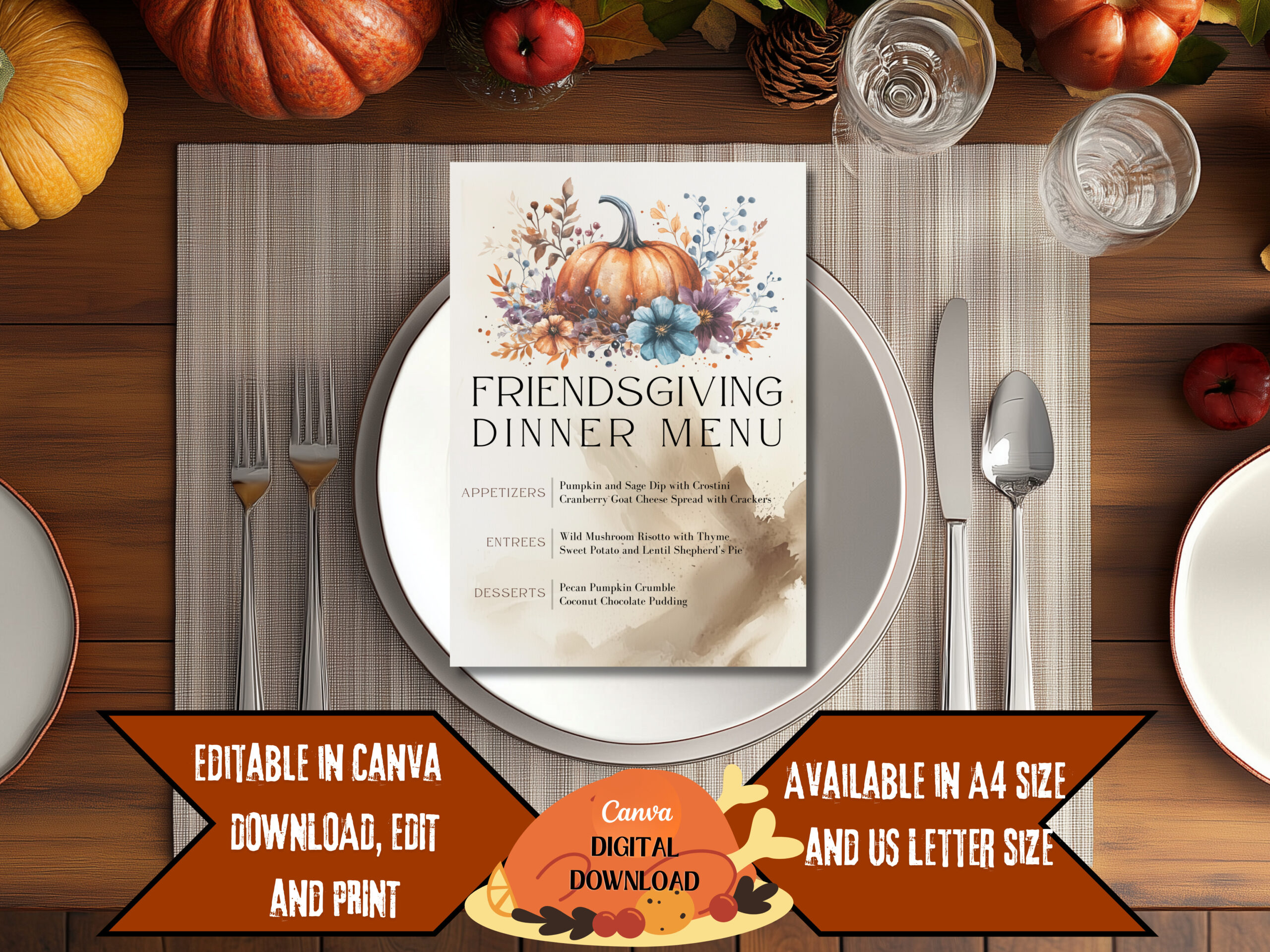Editable Thanksgiving Menu Template, Rustic Blooms and Pumpkins Menu ...