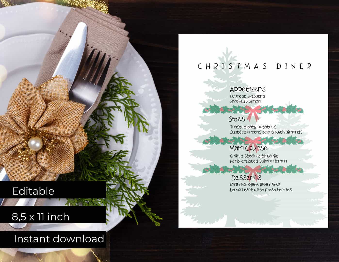 Christmas menu, Christmas printable, Christmas, Customizable, template ...