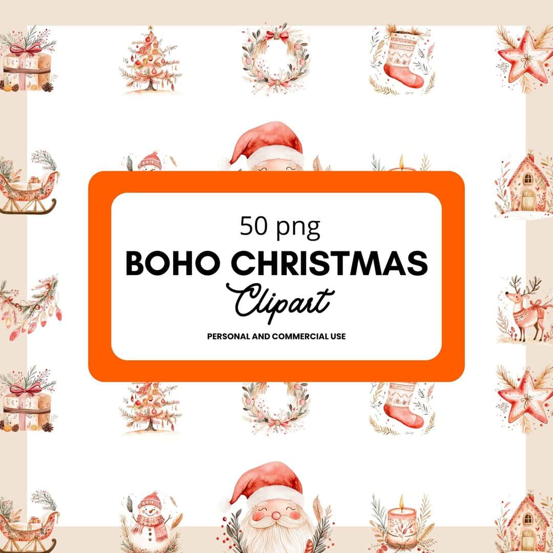 50 Boho Christmas clipart, Cozy Christmas clip art, X-mass, Happy ...