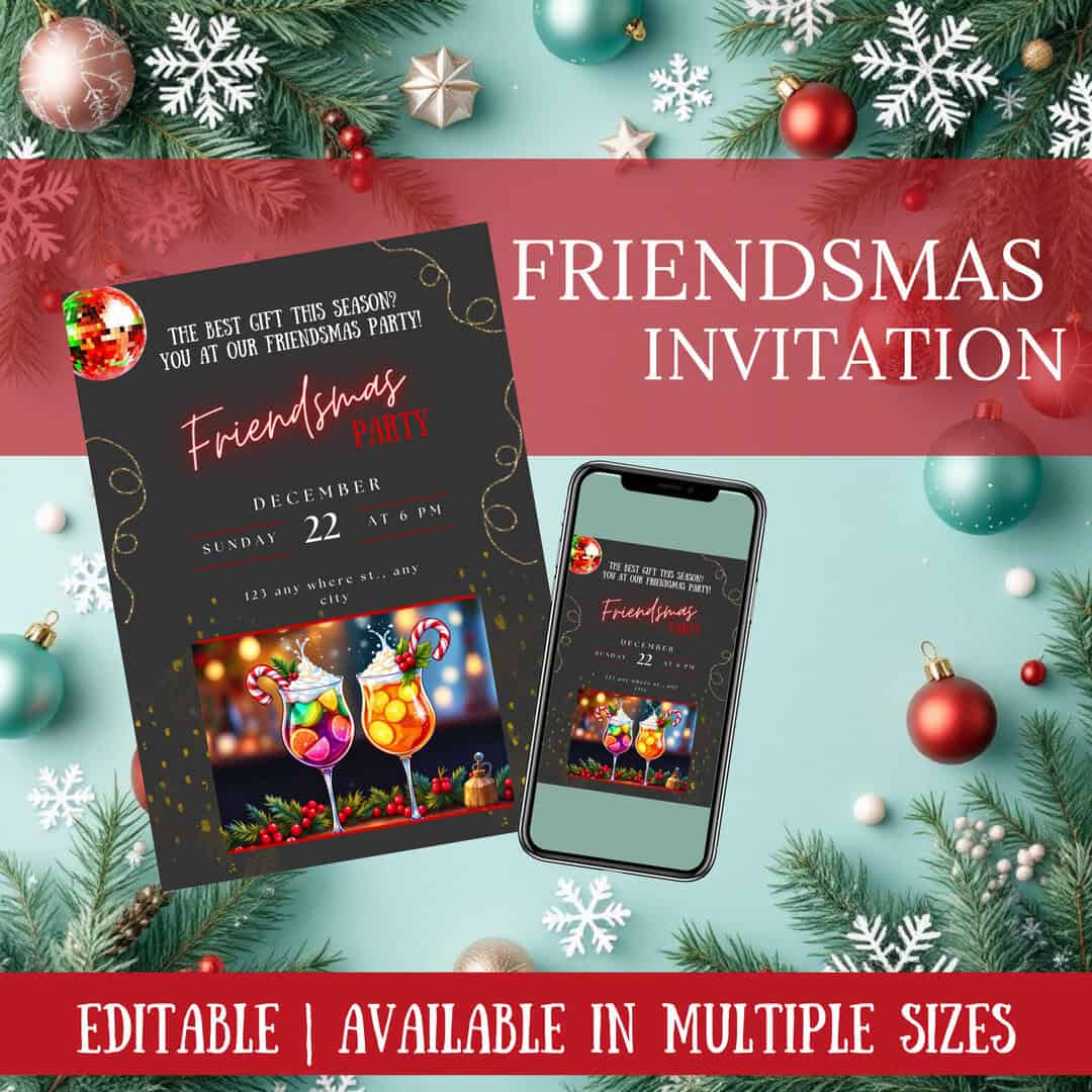 Editable Friendsmas Invitation, Black, red and Gold Friendsmas Invite ...
