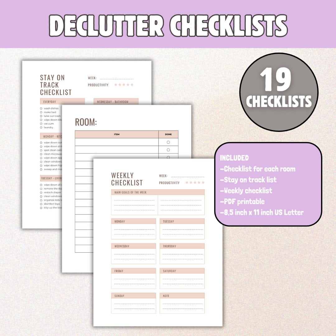 19 Declutter Checklists, Weekly Cleaning Schedule, Printable Checklist, Digital Download ...