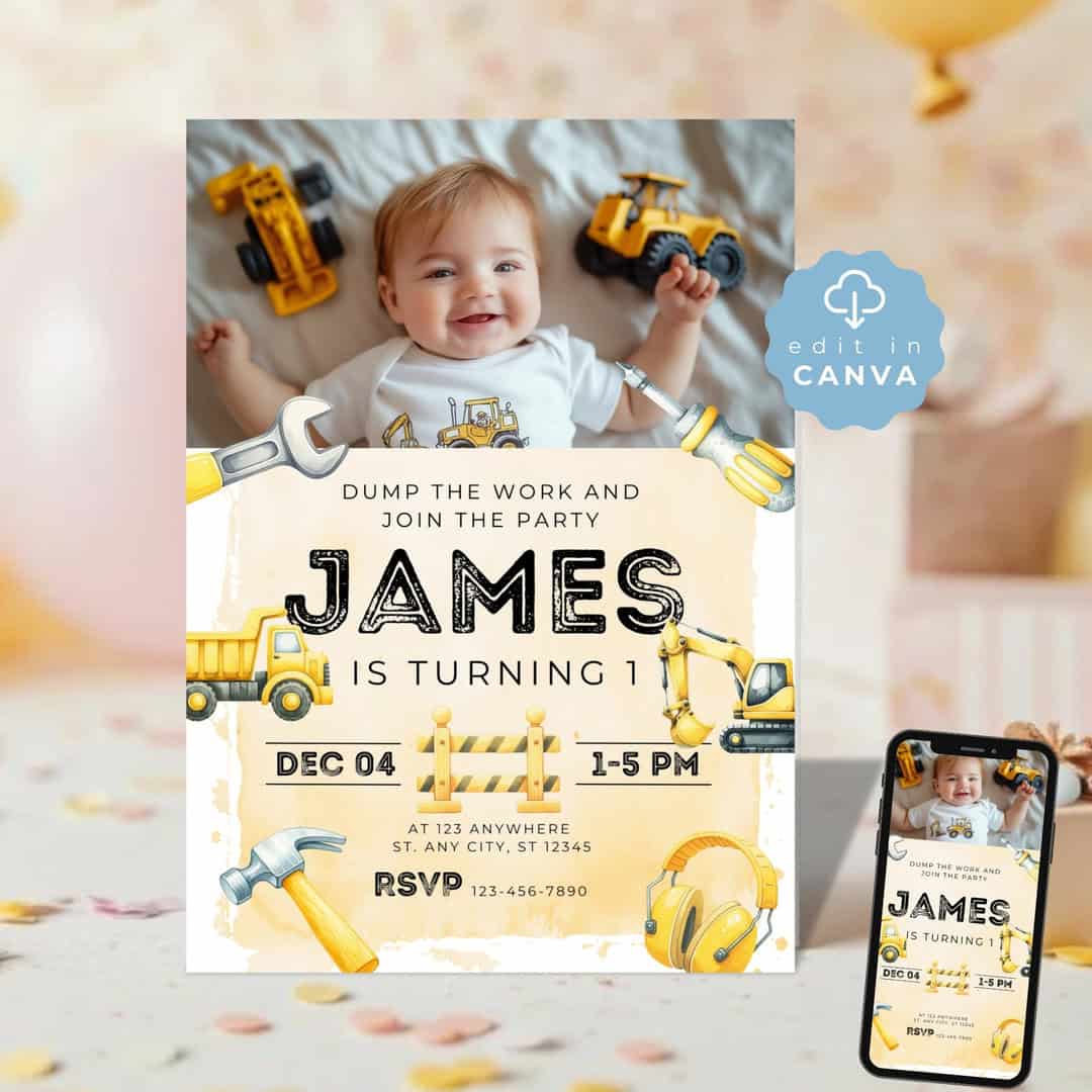 Construction Invitation, Construction First Birthday Party Invite ...