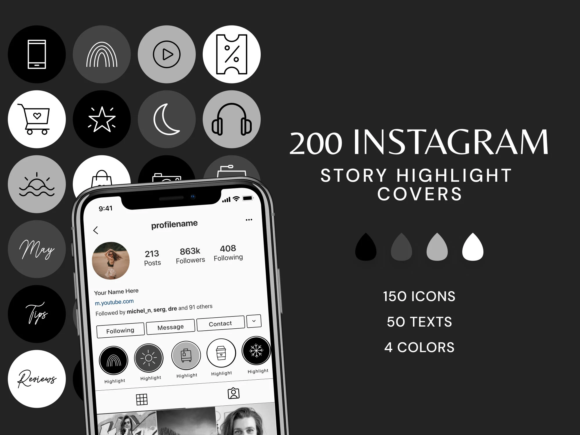 Black, Gray and White Instagram Highlight Covers | 200x4 Text & Icon IG ...