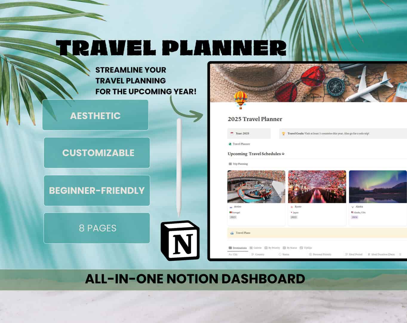 Travel planner Notion template, Notion planner, Travel Journal, Notion ...
