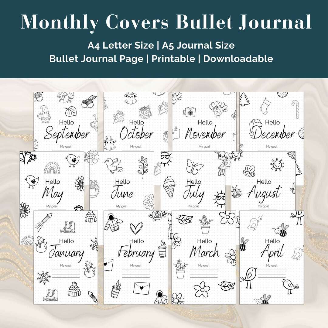 12 Month Bullet Journal Covers | Printable Title Pages | Monthly Cover ...