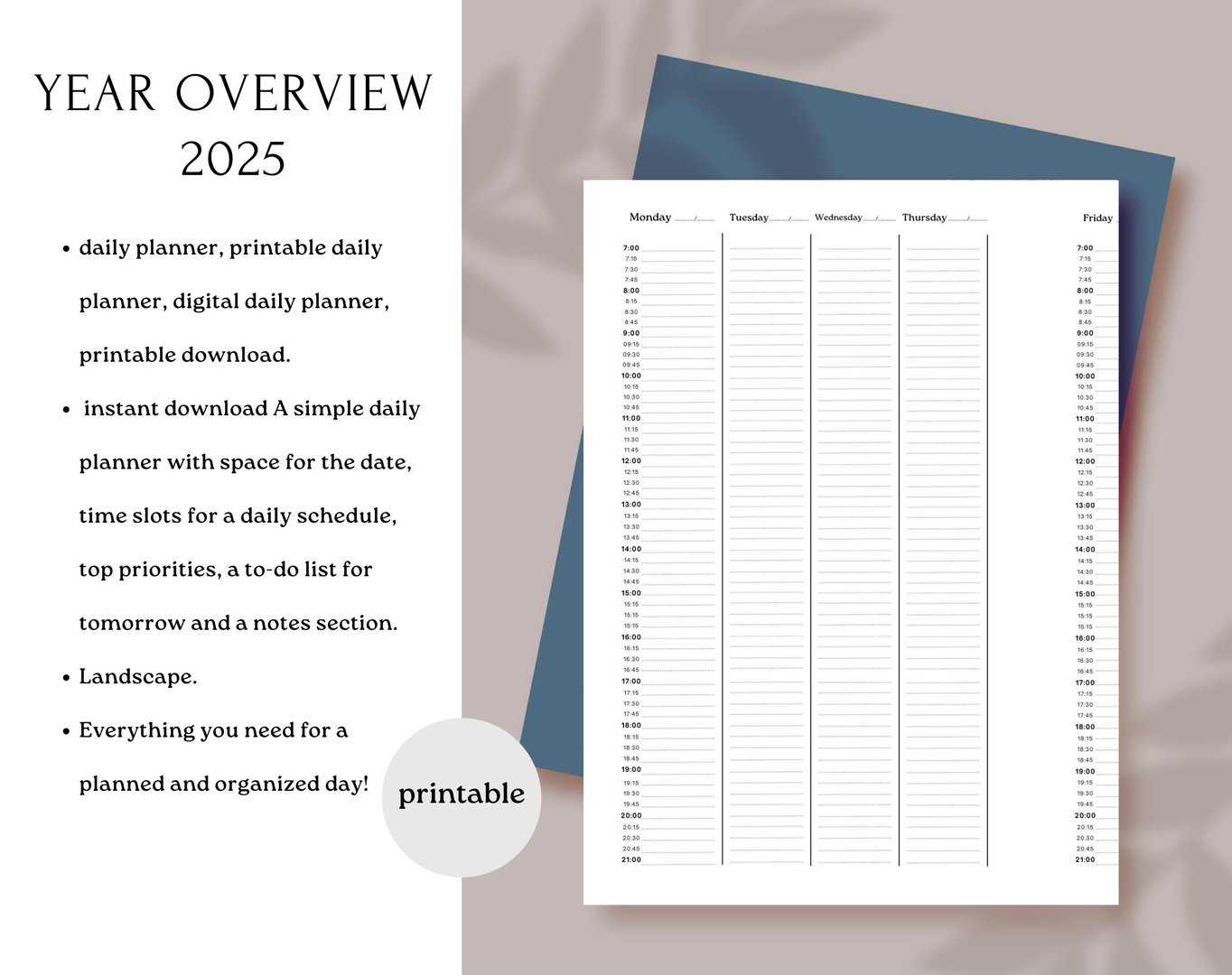 WEEK | planner | printable | digital daily planner | landscape | 07:00 ...