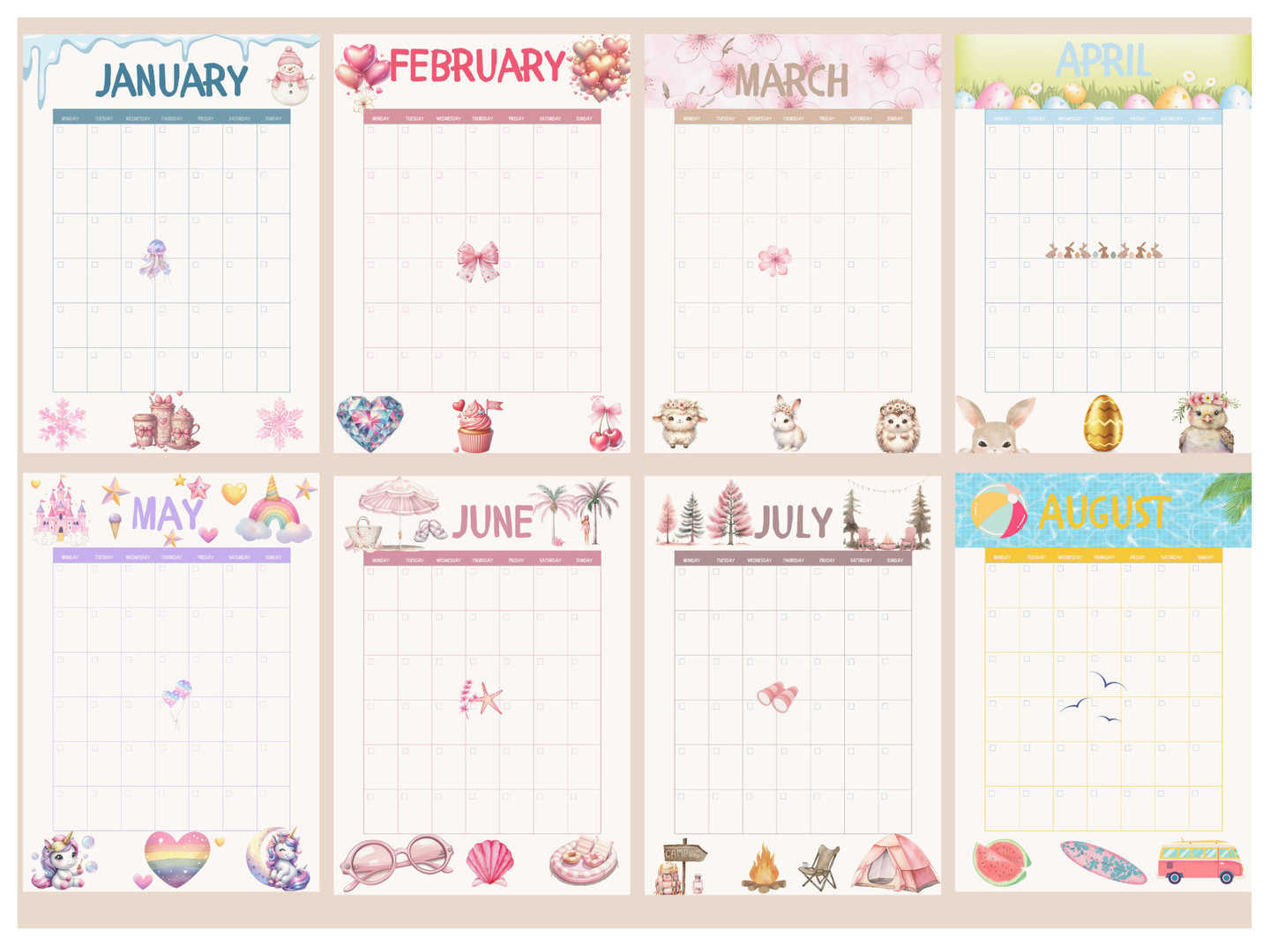 Printable Pink Girly 2025 Kids Calendar for Fun and Easy Planning Wall ...