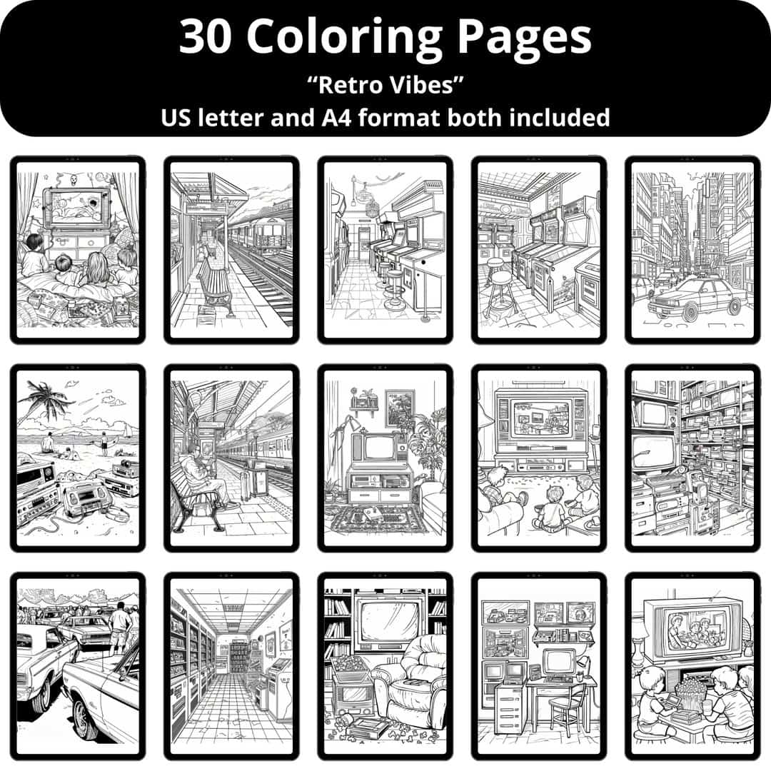Retro Vibes | 30 Coloring Pages | Digital Download | Printable | A4 ...