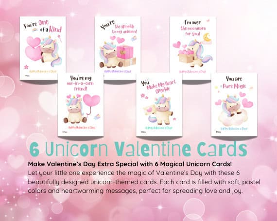 6 Unicorn Printable Valentine Cards for Kids - Temzli