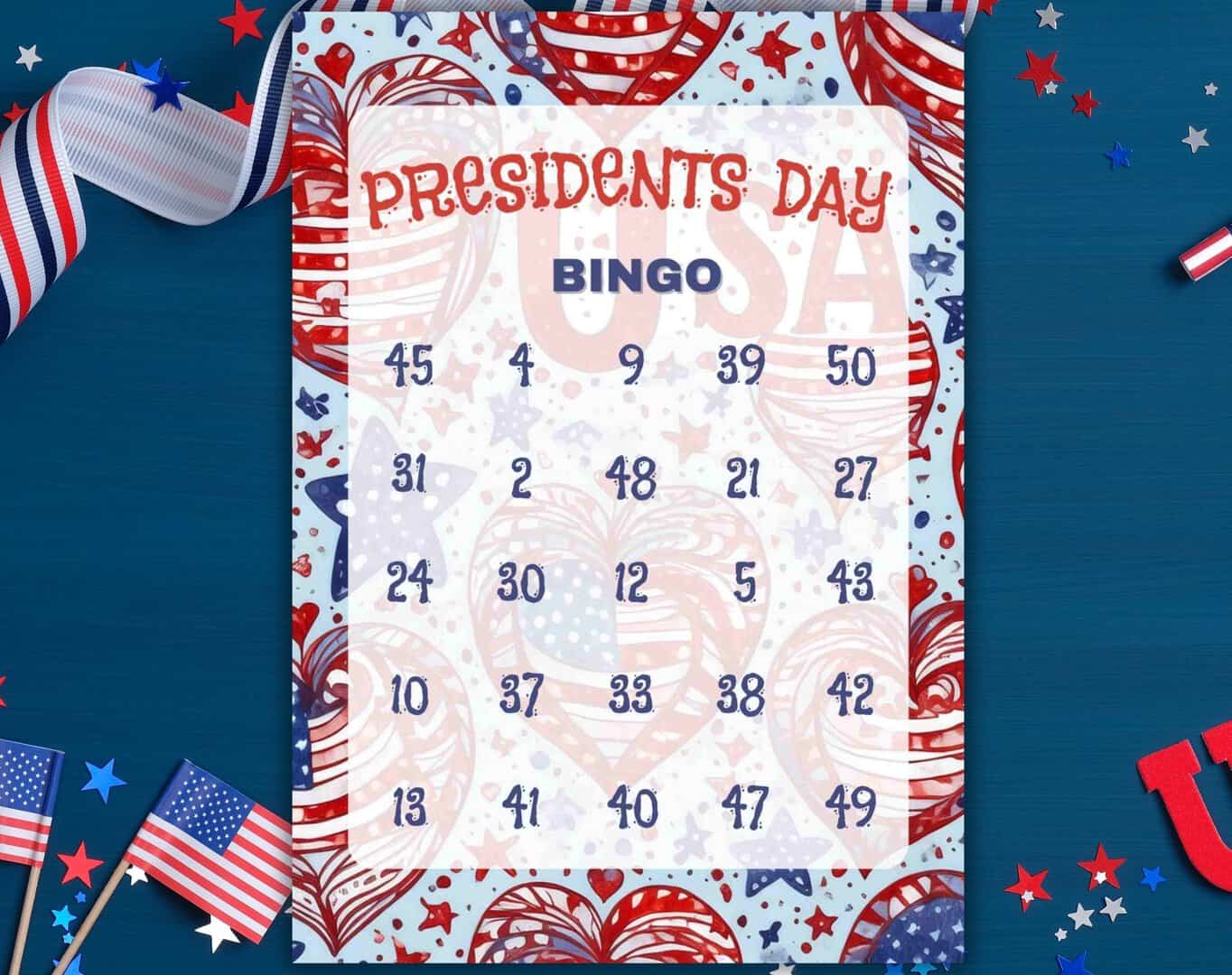 Presidents Day Bingo 50 BingoCards Kids activity Family game Presidents ...