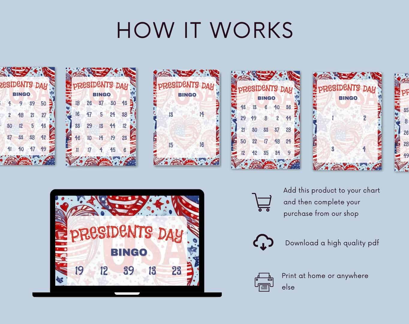 Presidents Day Bingo 50 BingoCards Kids activity Family game Presidents ...