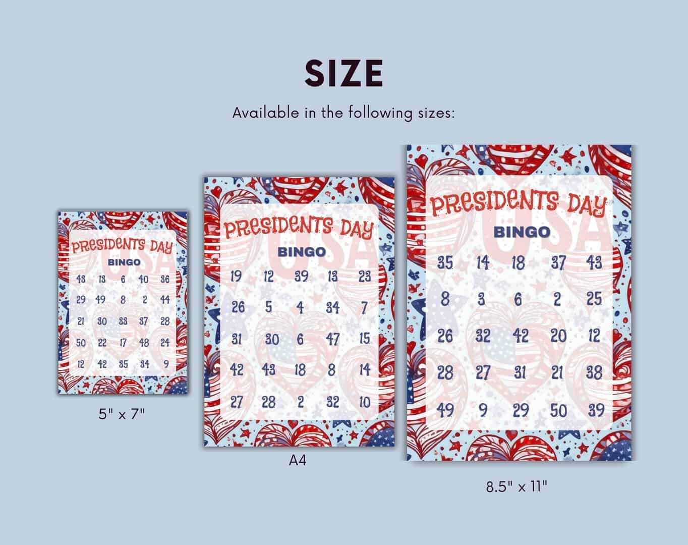 Presidents Day Bingo 50 BingoCards Kids activity Family game Presidents ...