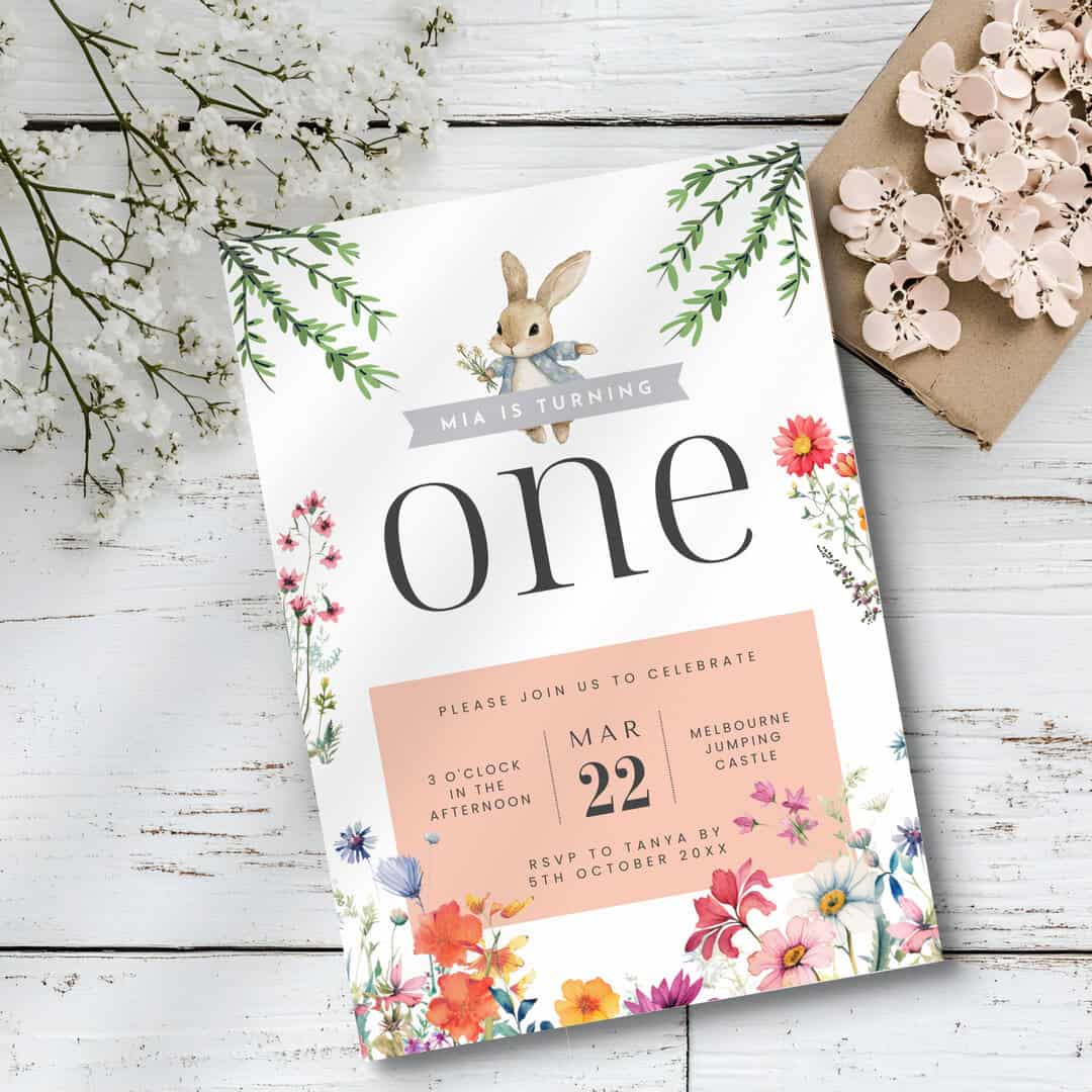 Floral Bunny First Birthday Invitation, Woodland Girl Birthday Invite ...