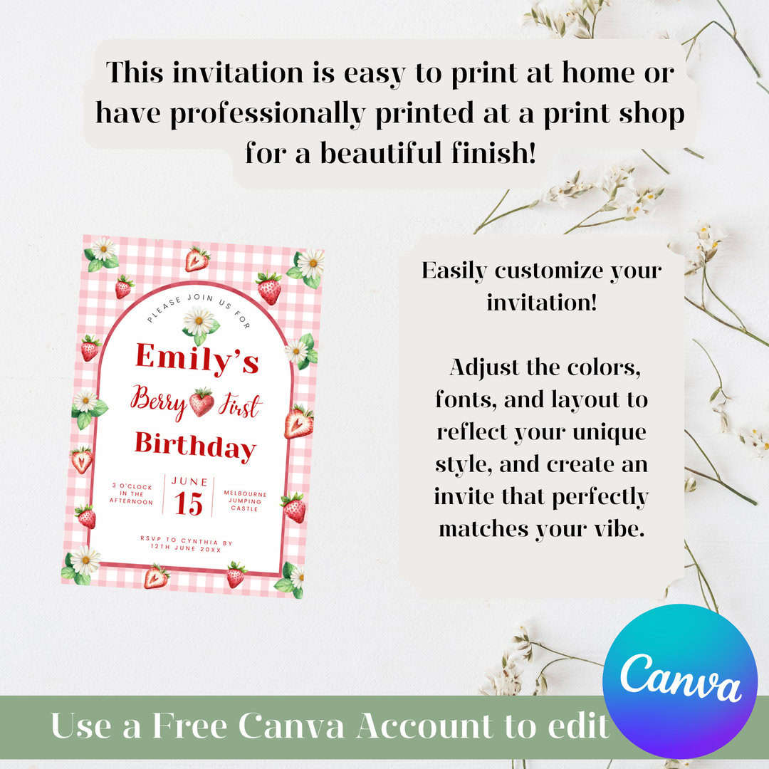 Berry First Birthday Invitation, Strawberry 1st Birthday Invite, Summer ...