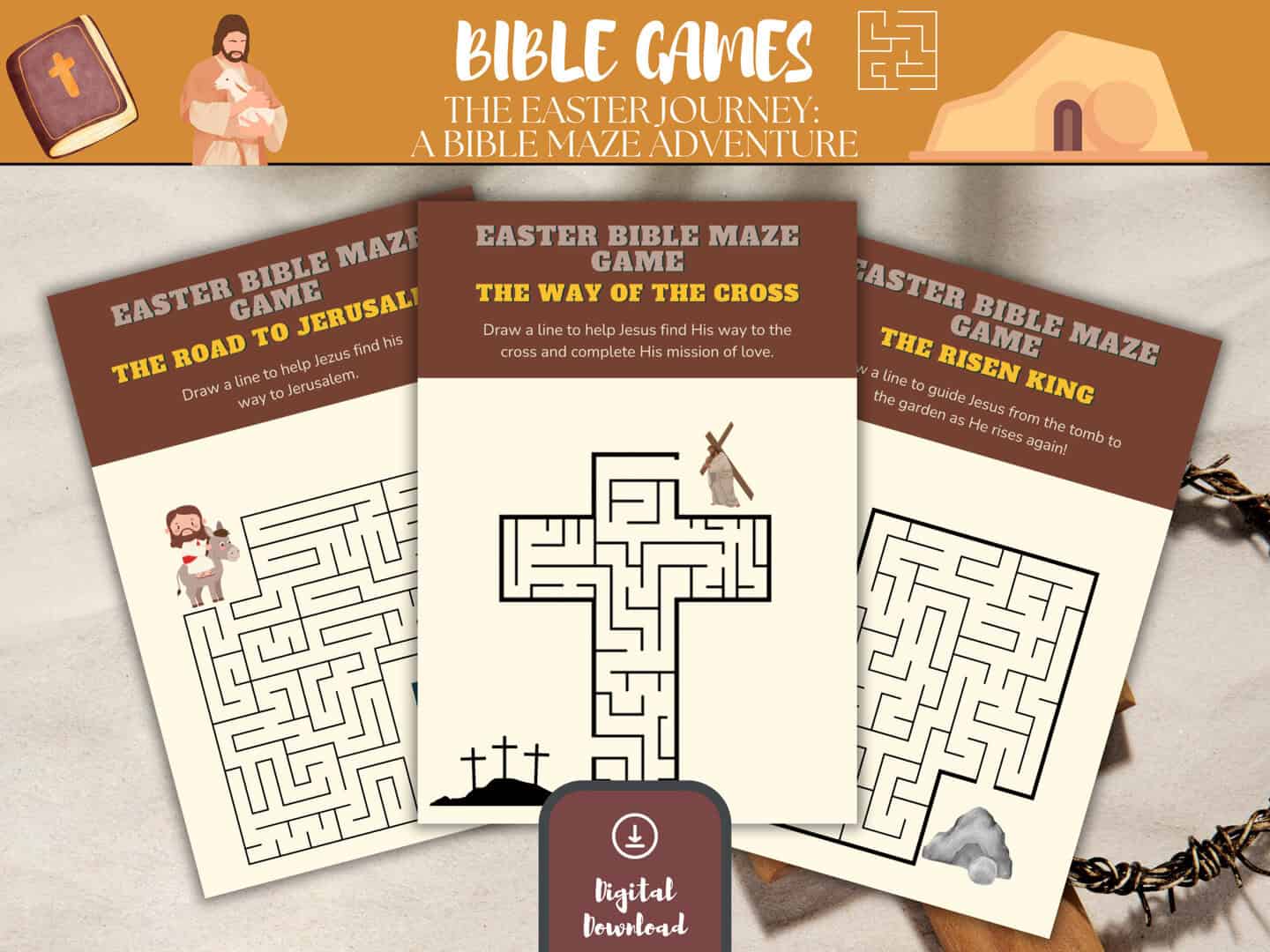Christian Easter Bible Games – Printable Bible Mazes Set, Palm Sunday ...