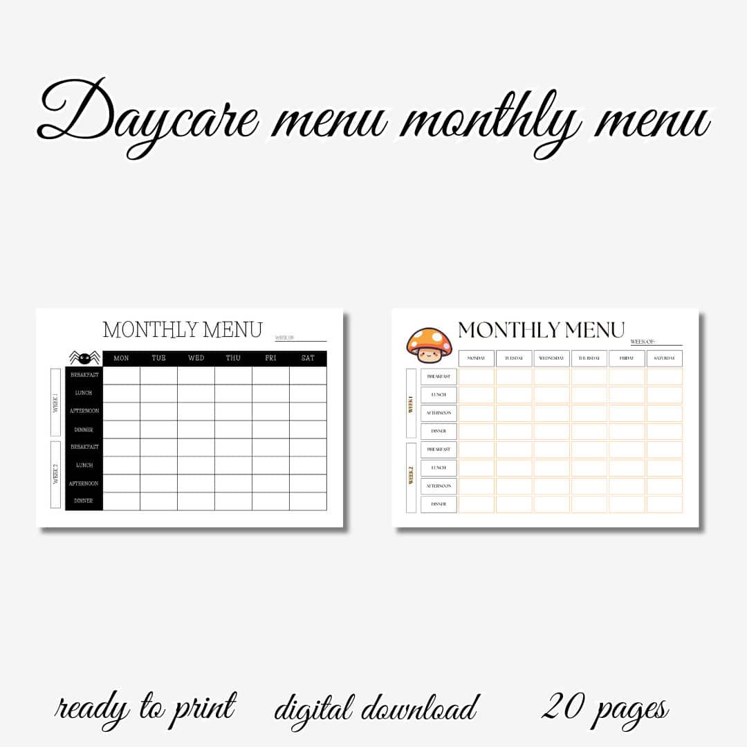 Daycare menu | Monthly menu printable | Preschool menu | Homeschool ...