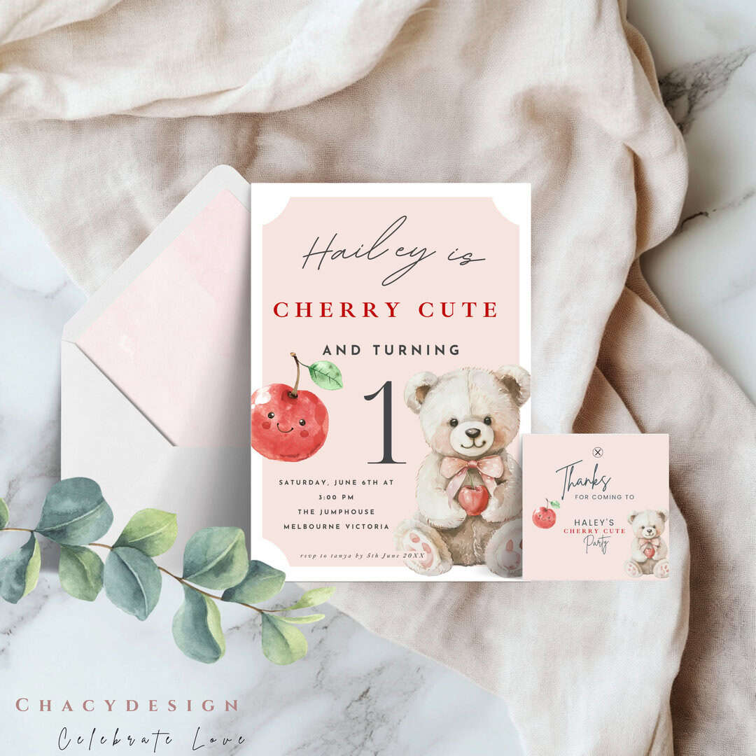 Cherry Birthday Invitation • Editable Cherry First Birthday Invite ...