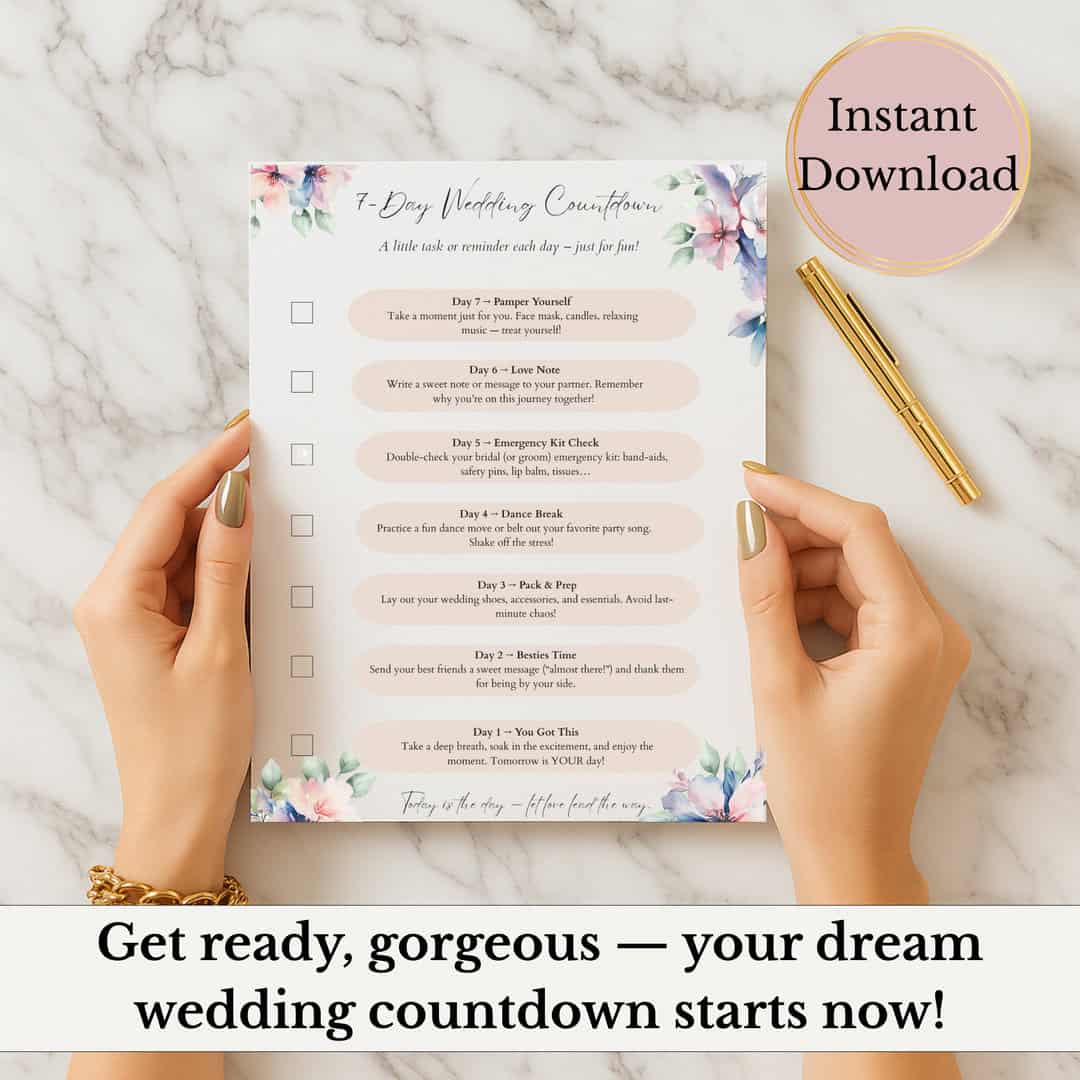 Wedding Countdown • 7-Day Printable Calendar for Brides • Bridal Countdown Checklist • Wedding ...