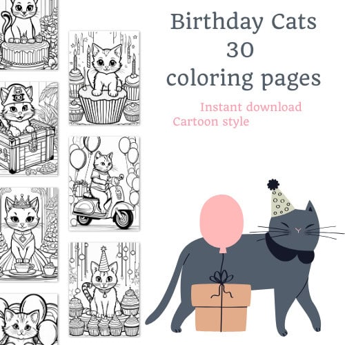 Birthday Cats Coloring Pages – 30 Cute Printable Sheets | Instant ...